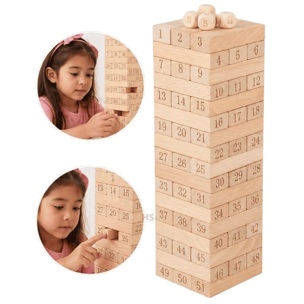 Juego De Bloques Tipo Jenga De Madera Numerado 54 Piezas Con Dados ...