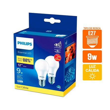 Foco LED Essential 9W E27 Luz Cálida Pack x2 - Promart