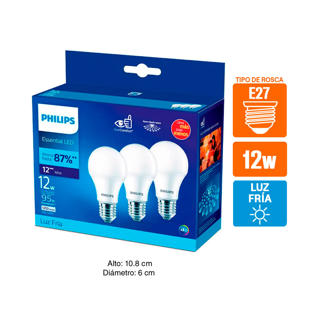Foco LED Essential 12W E27 Luz Blanca Pack x3 Philips - Promart