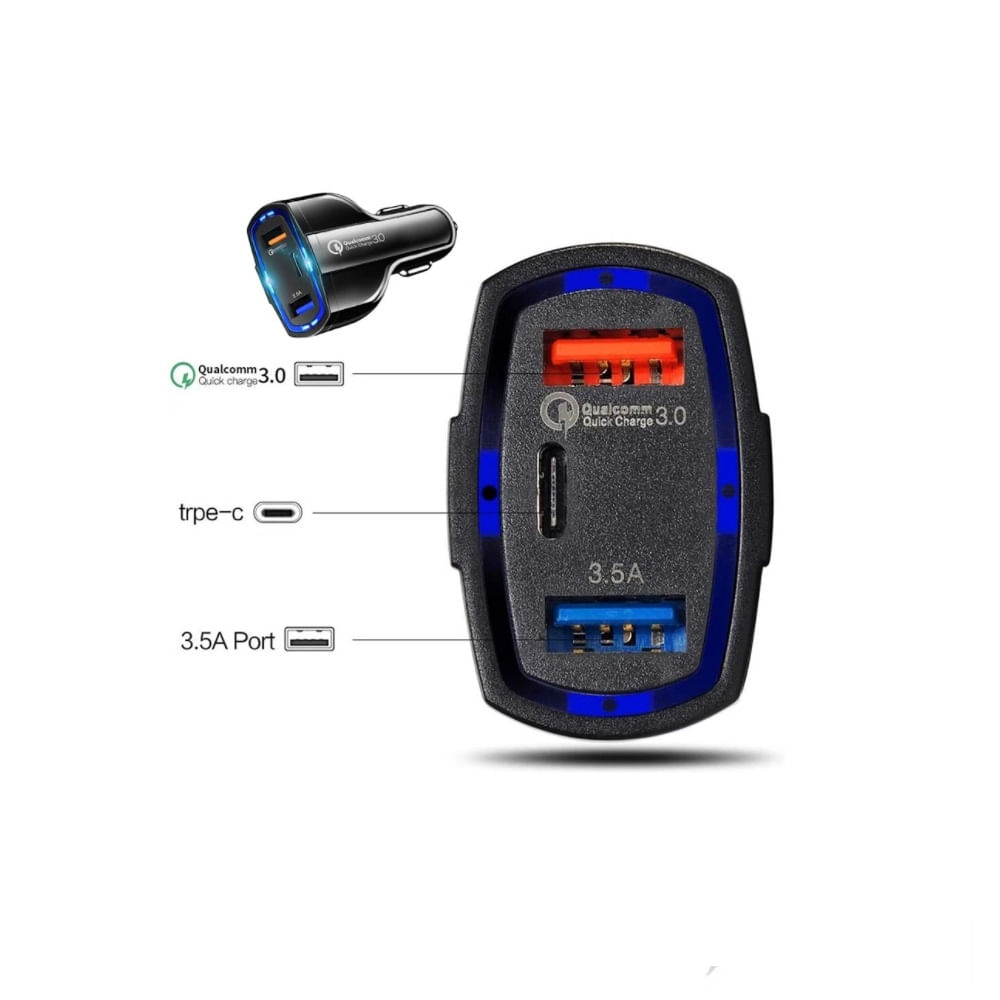 Cargador de Auto Carro 2 Puertos USB + 1 Tipo C Carga Rapida 35W QC 3.0 - Promart