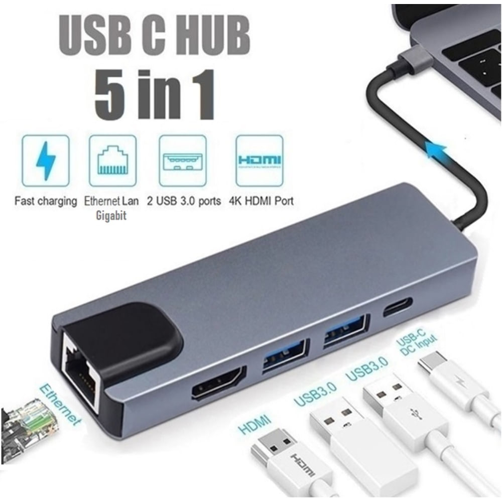 Adaptador Hub 5 en 1 Tipo C 1000 Mbps Gigabit Multipuertos - Promart
