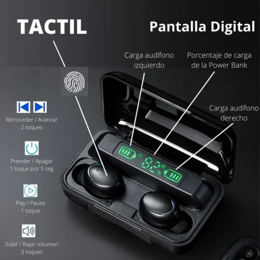 Audífono Inalámbrico Bluetooth Táctil con Power Bank F09 Negro ...