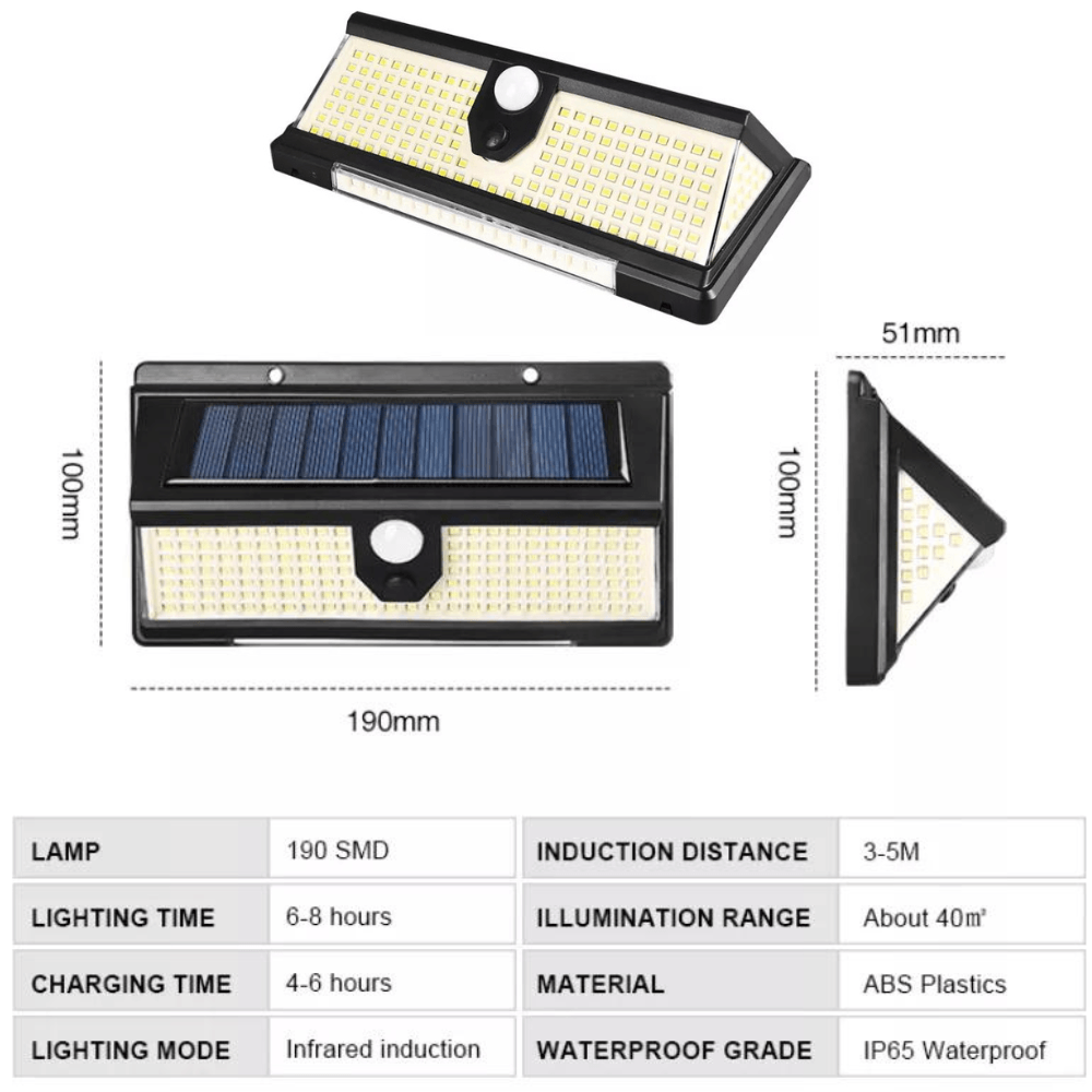 Foco Reflector Recargable con Energía Solar de 190 Leds y con Sensor de ...