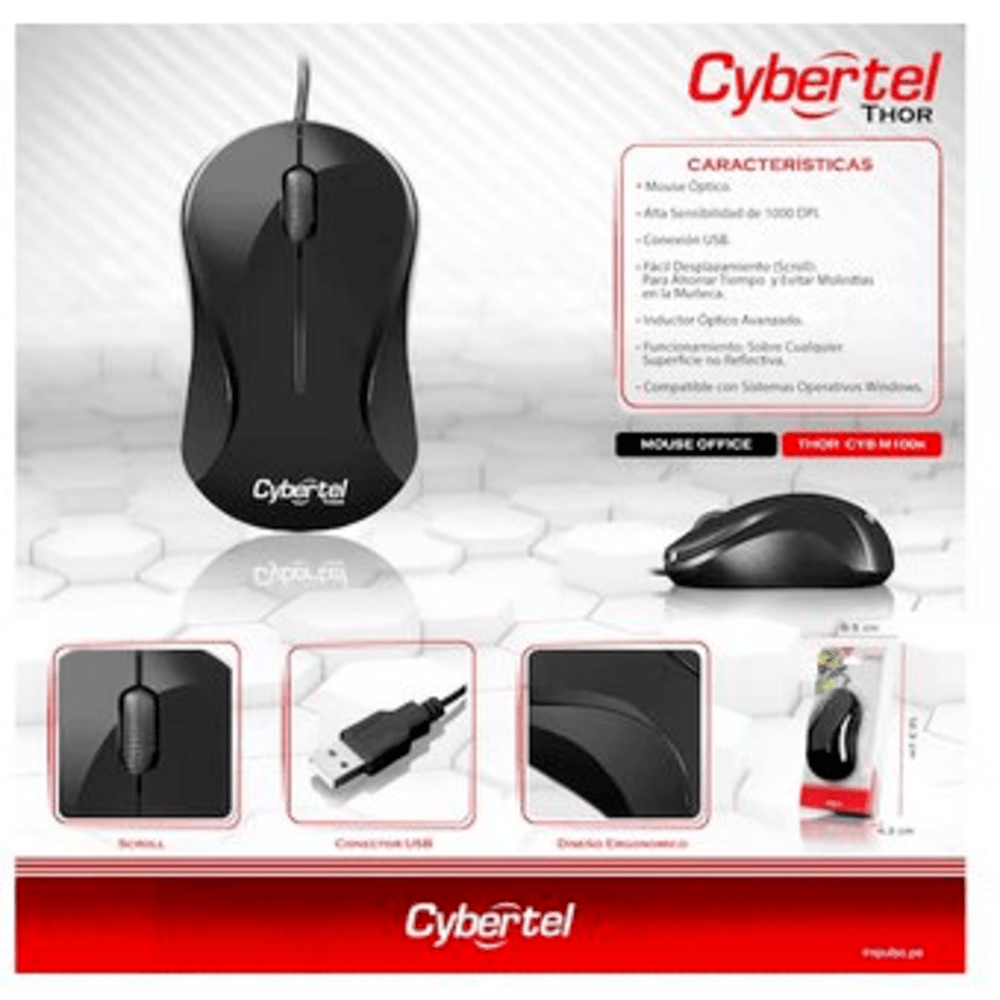 Mouse Alambrico Optico Thor DPI 1000 USB Cybertel Negro - Promart