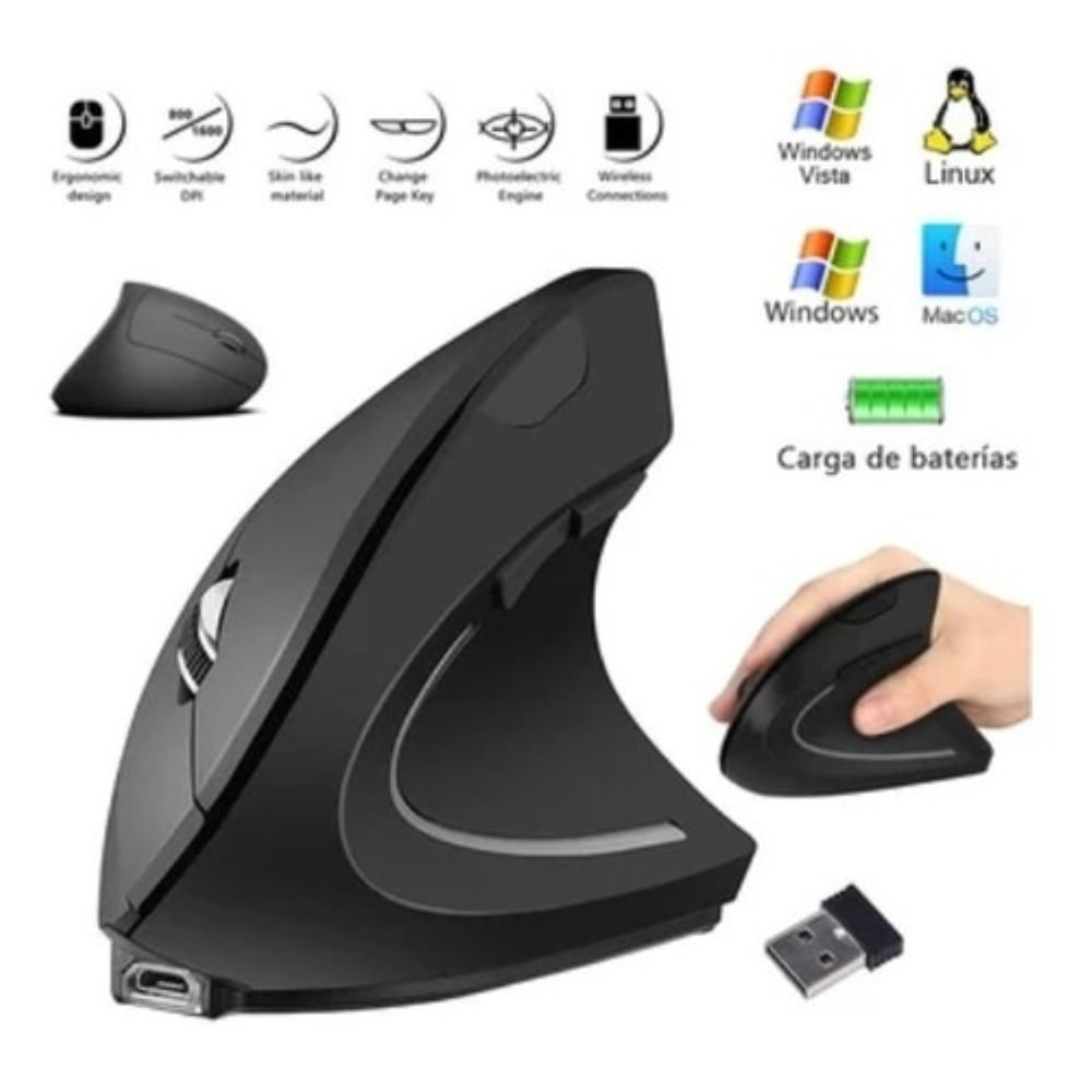 Mouse Vertical Recargable Ergonómico USB Inalámbrico GAMER - NEGRO MATE ...