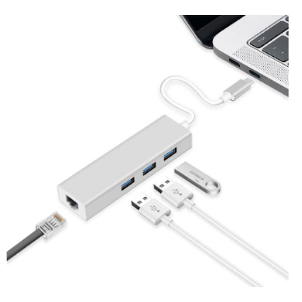 Hub adaptador tipo c a rj45 gigabit más 3 puertos usb 3.0 - Promart
