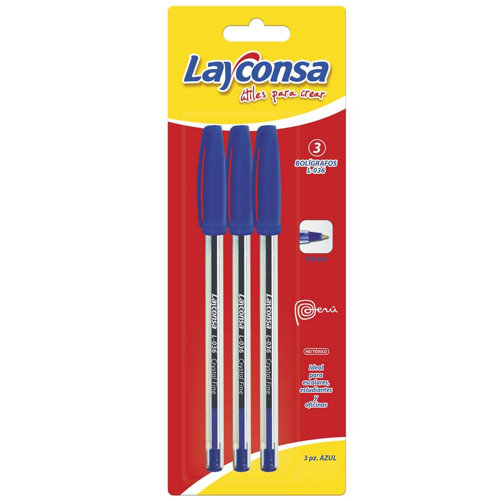Bolígrafos LAYCONSA L-36 Azul Paquete 3un - Promart