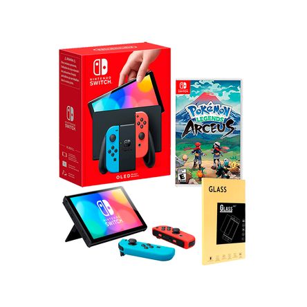 Consola Nintendo Switch Oled Neon + Pokemon Arceus + Mica de vidrio ...