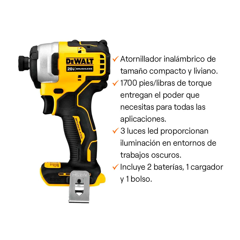 Atornillador de Impacto 1/4" 20V BRUSHLESS ATOMIC DCF809D2 Dewalt - Promart
