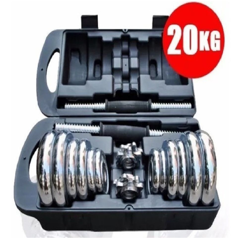 Set de Pesas 20kg con Adaptador para Barra Recta y 2 Mancuernas - Promart