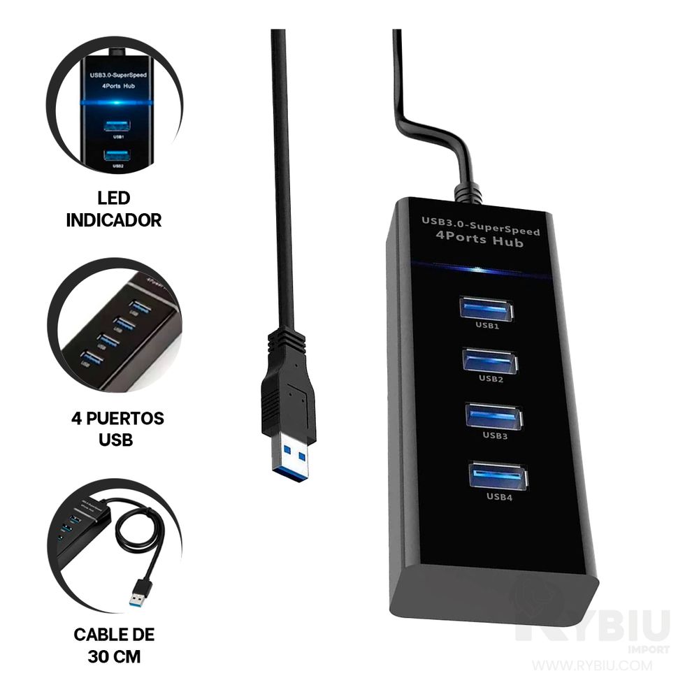 Hub 4 Puertos USB 3.0 5gbps Negro - Promart