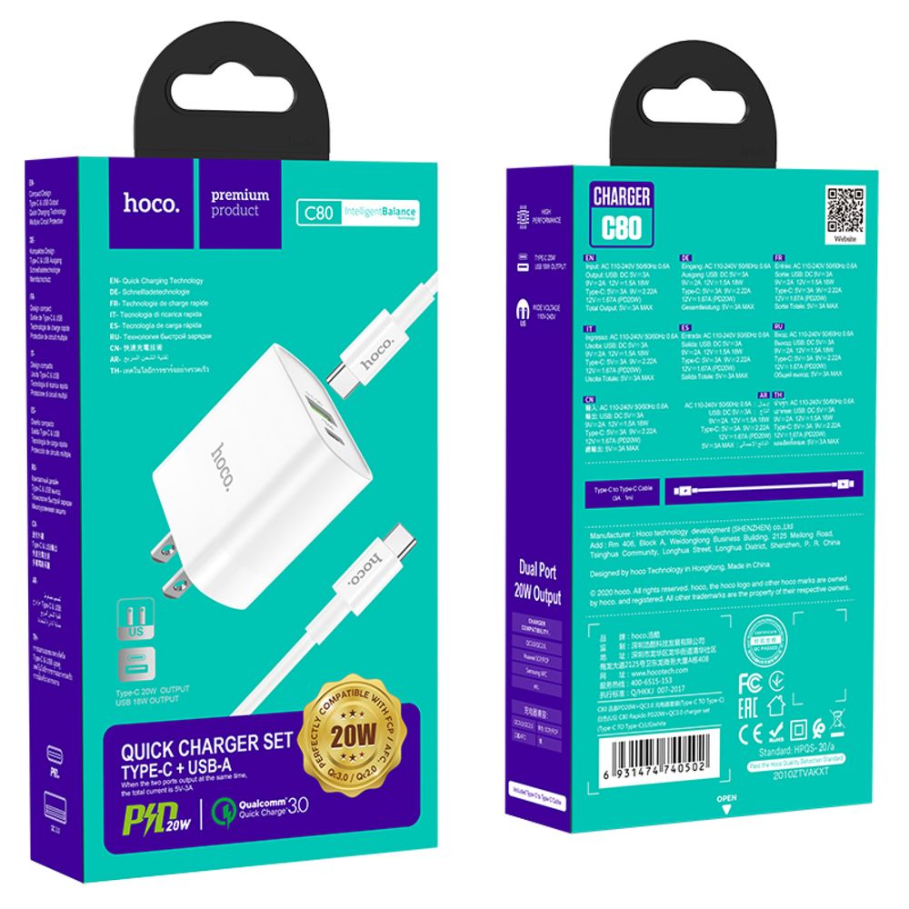 Mini Cargador Doble De Carga Rápida Pd20w Más Cable Tipo C A Ligthning C80 Hoco - Promart