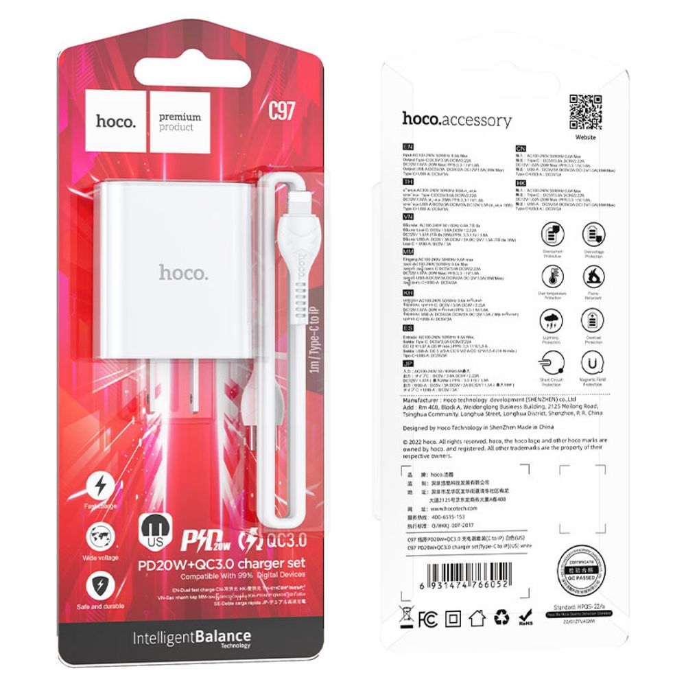 Cargador De Carga Rápida Pd20w Más Cable Tipo C A Ligthning C97 Hoco - Promart