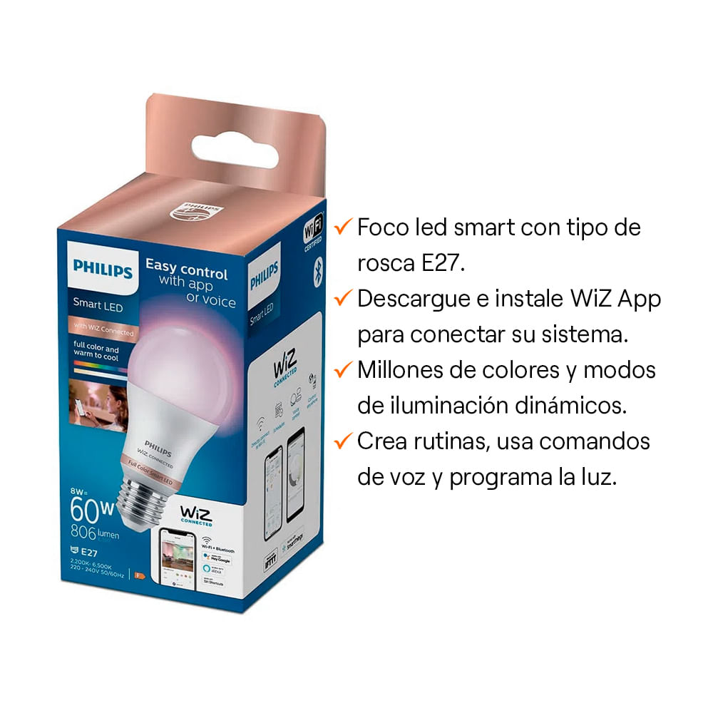 Foco LED Philips E27 8W Wifi Wiz RGB - Promart