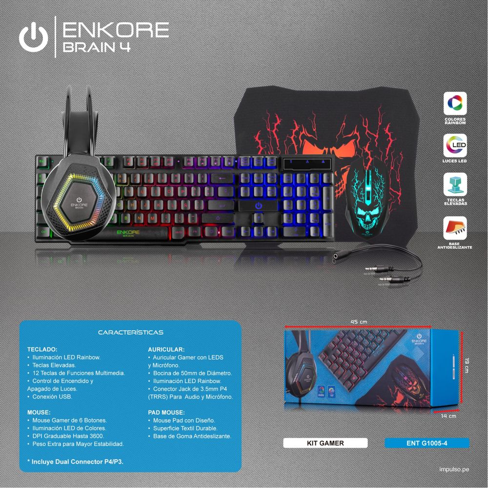 Combo 4 En 1 Gamer Teclado Y Mouse Brain 4 Enkore - Promart