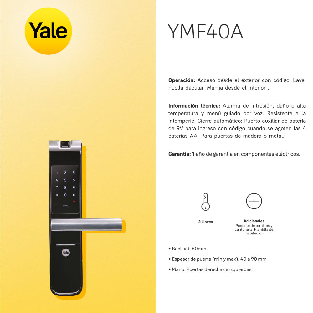 Cerradura digital Yale para puerta YMF40A Acero Negro - Promart