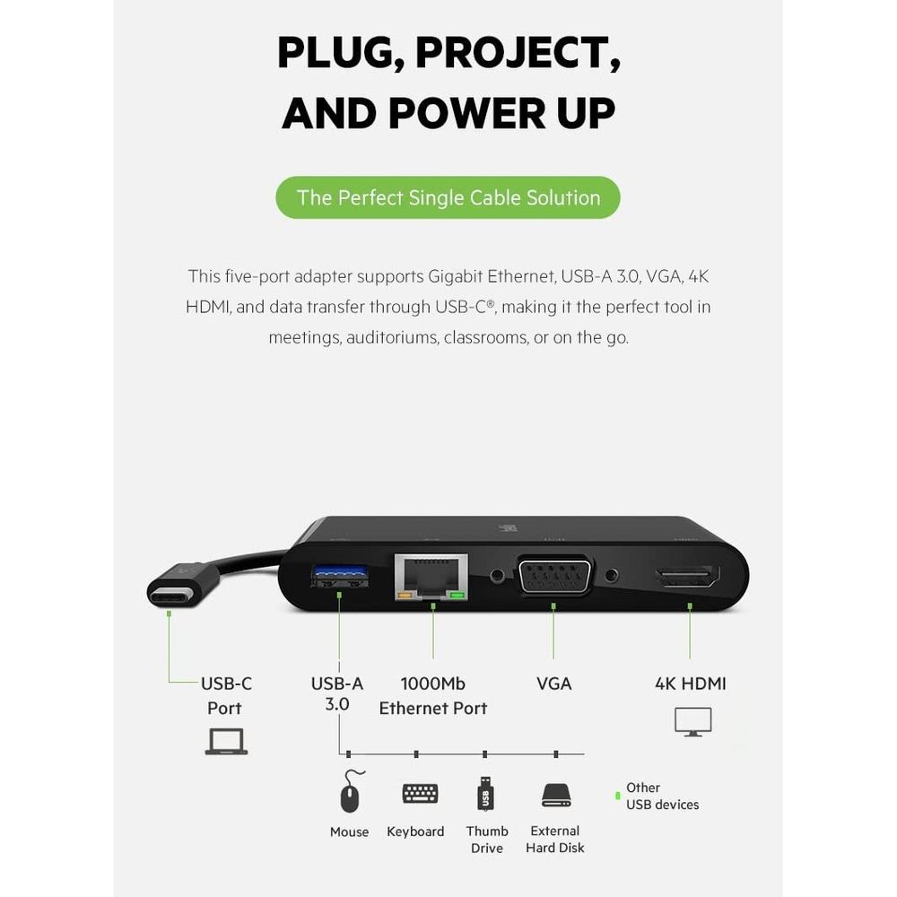 Adaptador Belkin Multimedia USB-C VGA 4K HDMI USB 3.0 Ethernet Pass ...