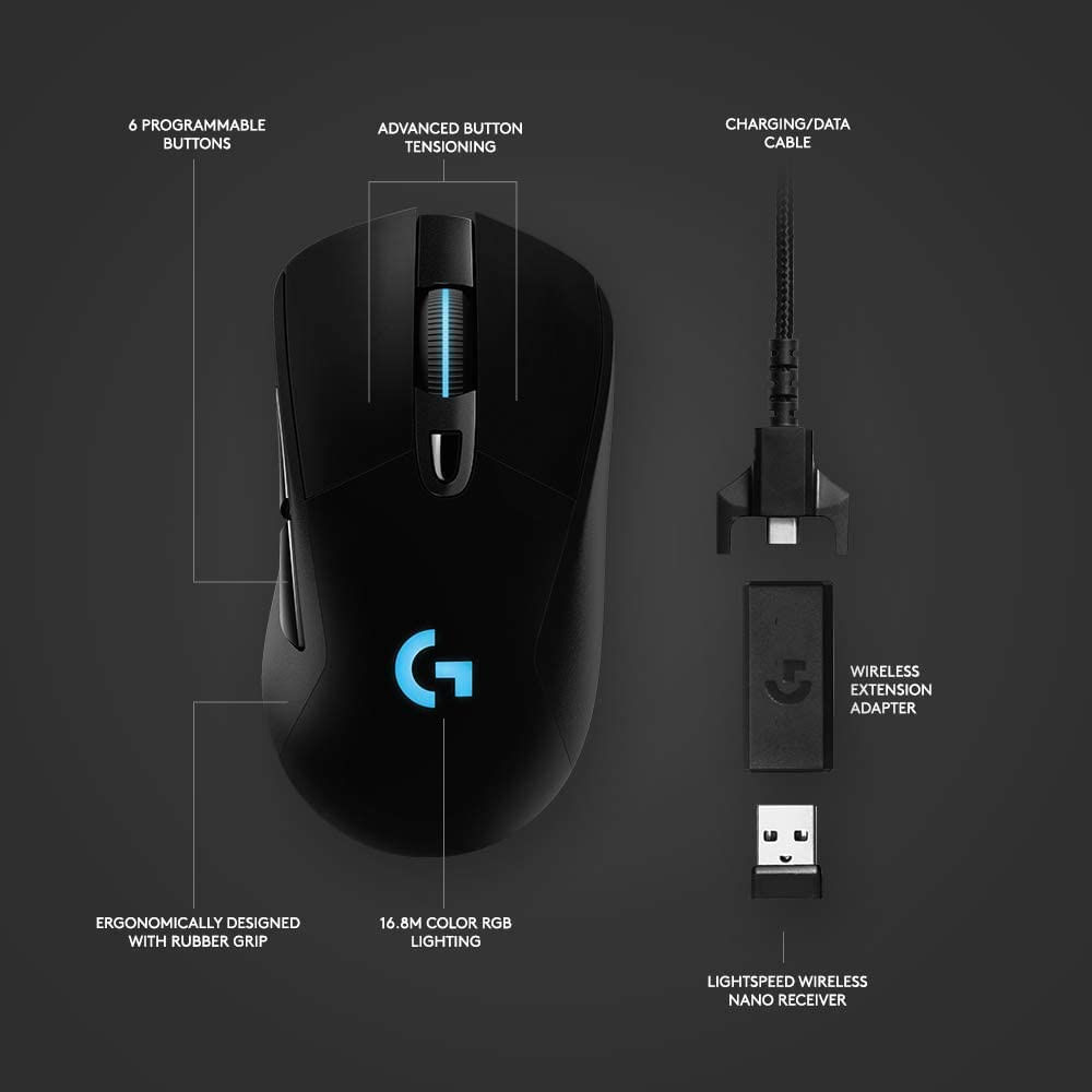 Mouse Logitech G703 HERO Wireless Gaming Lightspeed 16K PowerPlay Lightsync RGB - 910-005638 ...