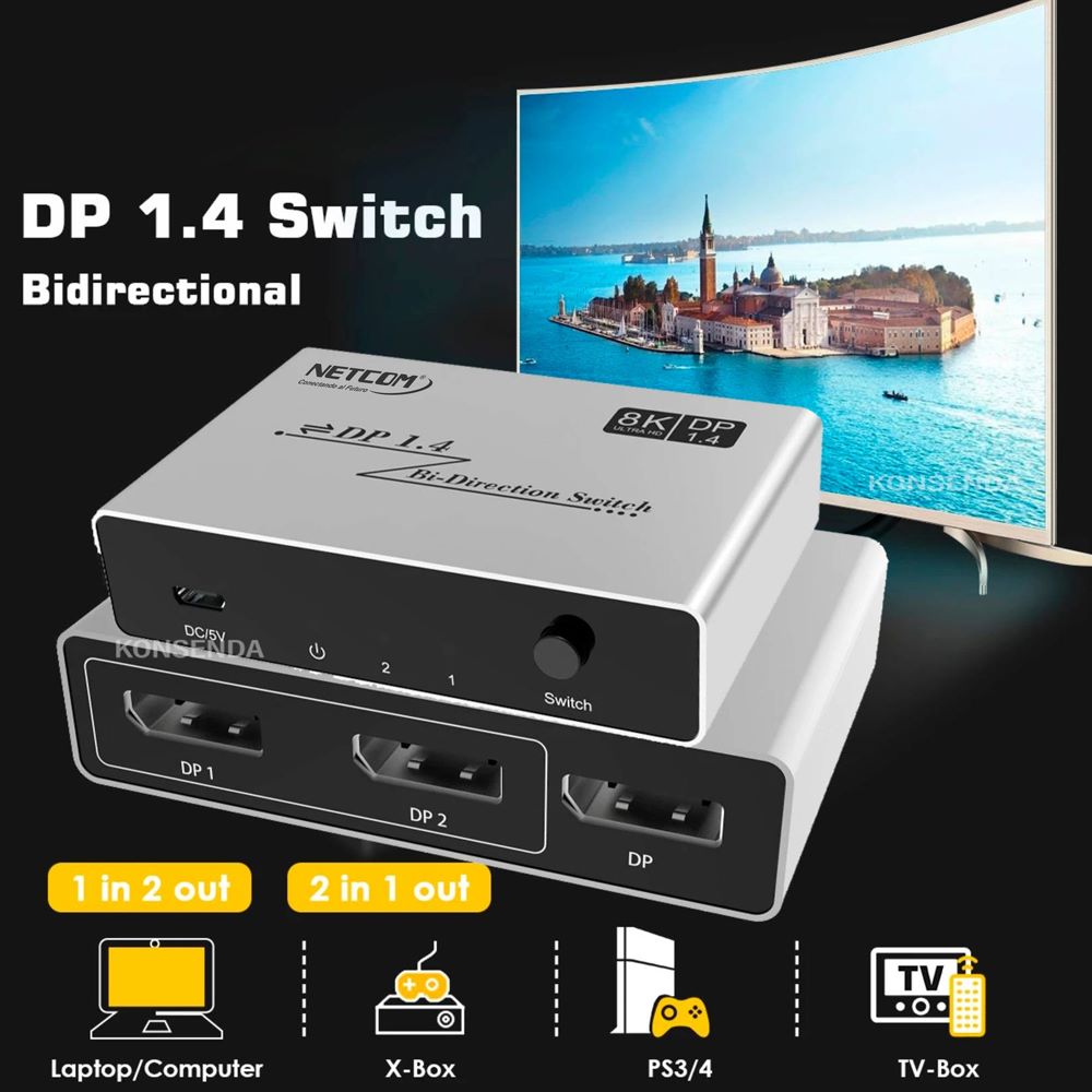 Switch Splitter DisplayPort V1.4 Bidireccional 8k NETCOM - Promart