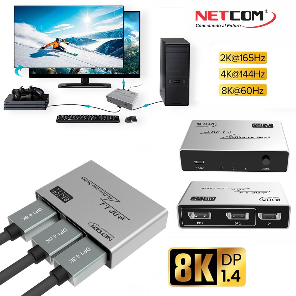 Switch Splitter DisplayPort V1.4 Bidireccional 8k NETCOM - Promart