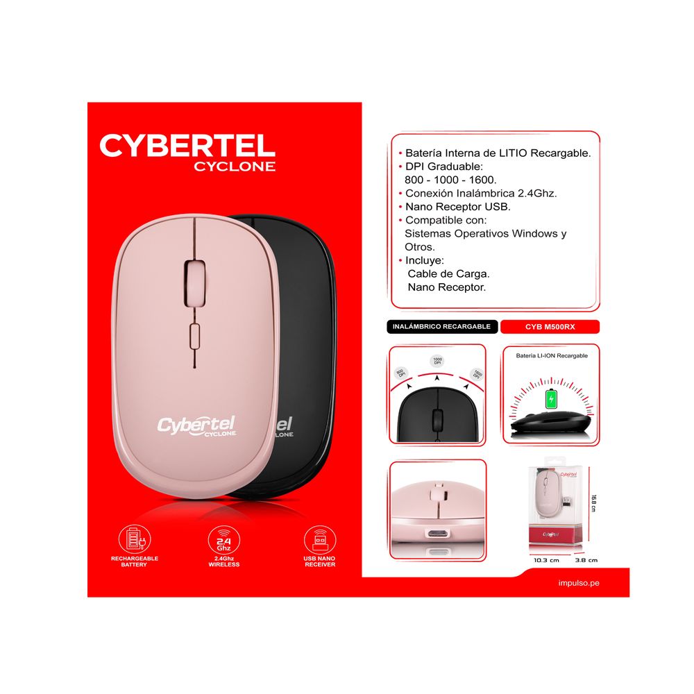 Mouse Cybertel CYCLONE-CYB M500RX inalámbrico recargable color negro ...