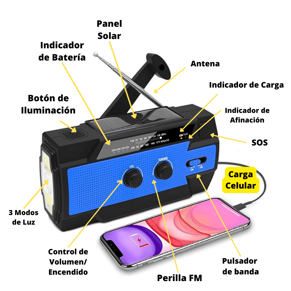Linterna Multiuso con Radio Carga Celular Luz Led Batería 4000mAh Azul ...