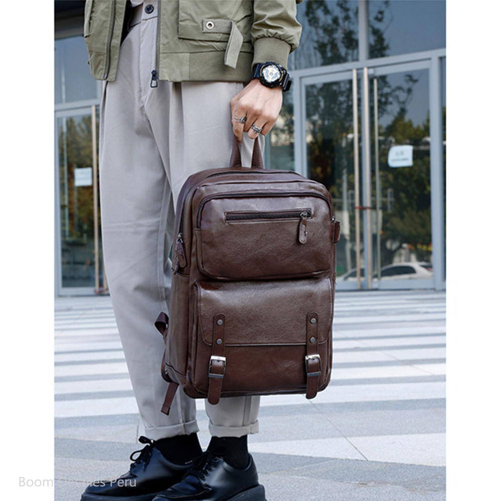 Mochila de Cuero para Hombre con Porta Laptop Moda - Marrón Oscuro ...