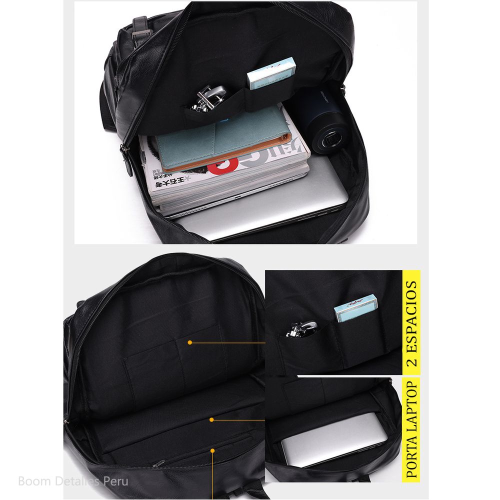 Mochila de Cuero para Hombre con Porta Laptop Moda - Negro - Promart