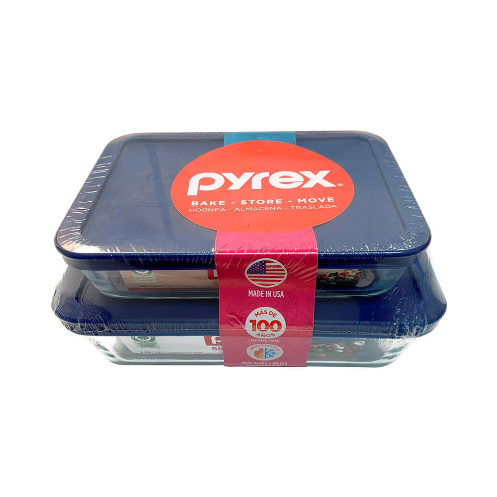 Set Fuente Rectangular Pyrex 750ml+1.42Lt con tapa azul Sku99747 - Promart
