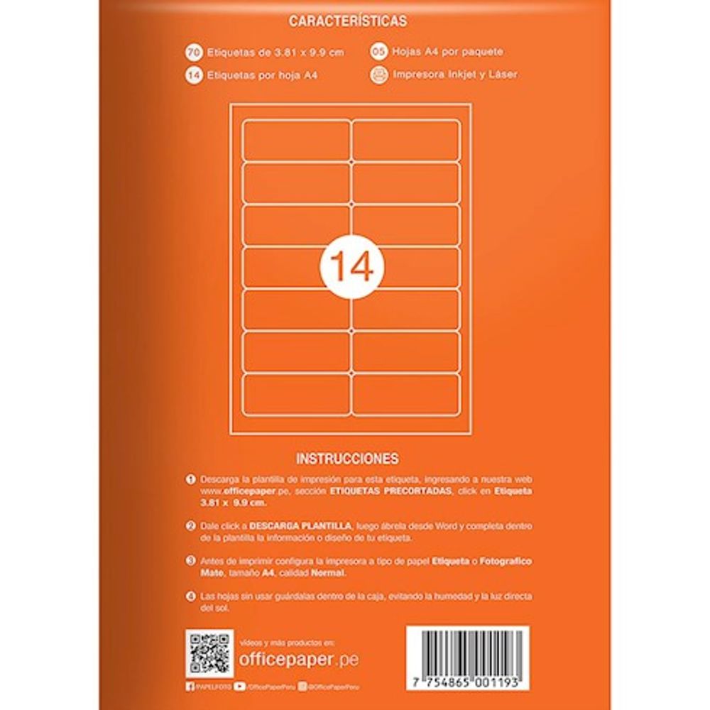 Etiqueta Office Paper Precortada 3.81x9.9cm por 05 Hojas A4 - Promart