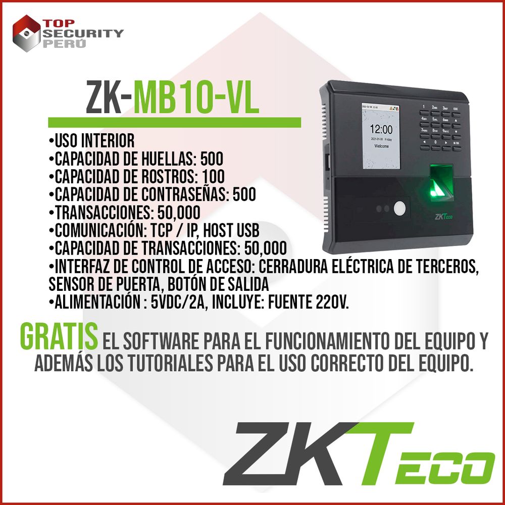 Control de Acceso y Asistencia Zkteco Zkmb10vl con Lector de Huella y Tarjeta - Promart