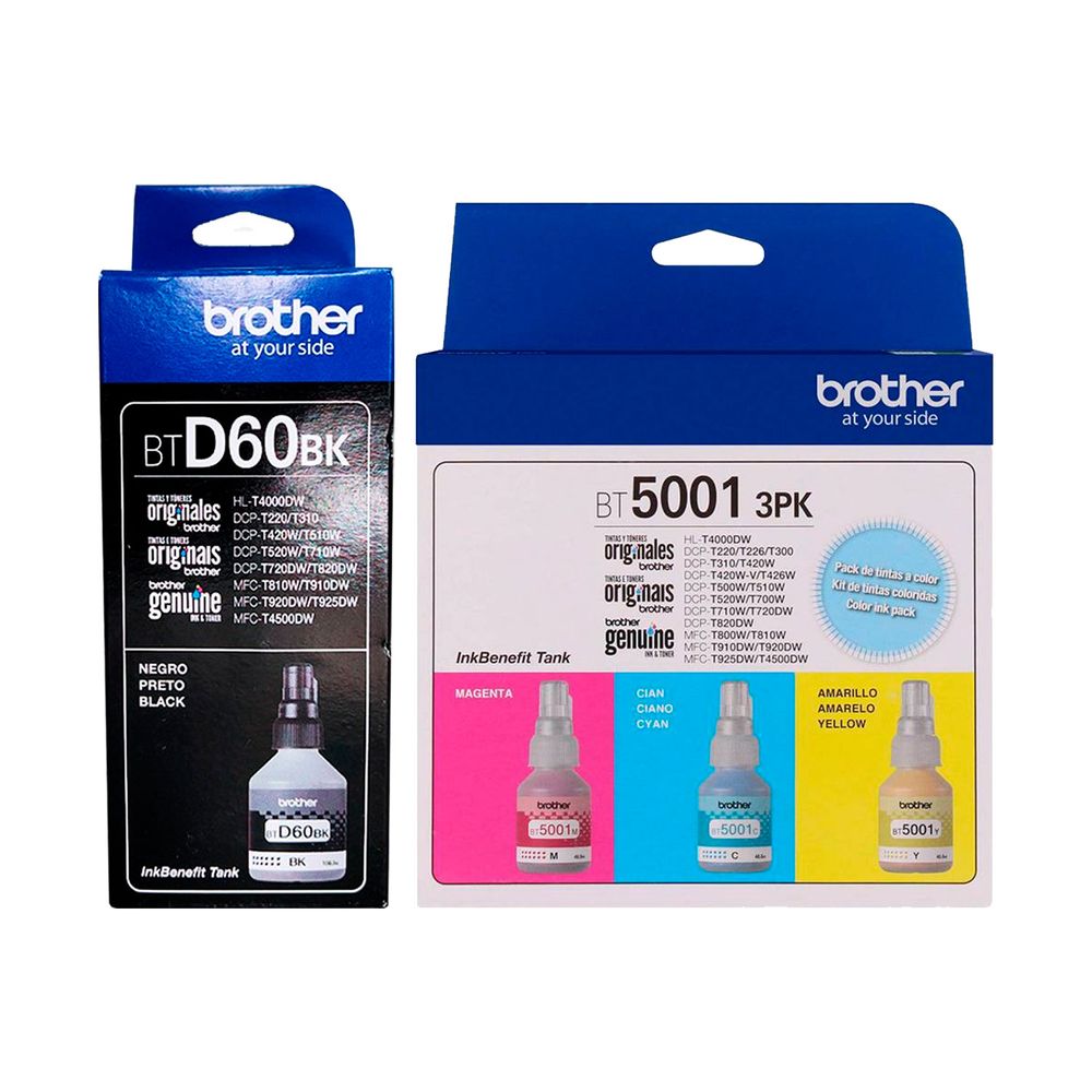 Kit Tinta Brother BTD-60BK Negro y Tripack BT-5001 Cyan Magenta Yellow Original - Promart