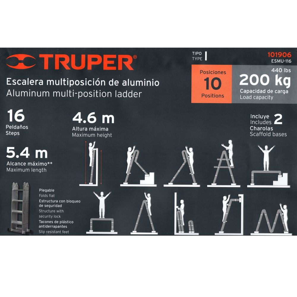 Escalera multiposición 16 peldaños escalera articulada 200kg truper ...