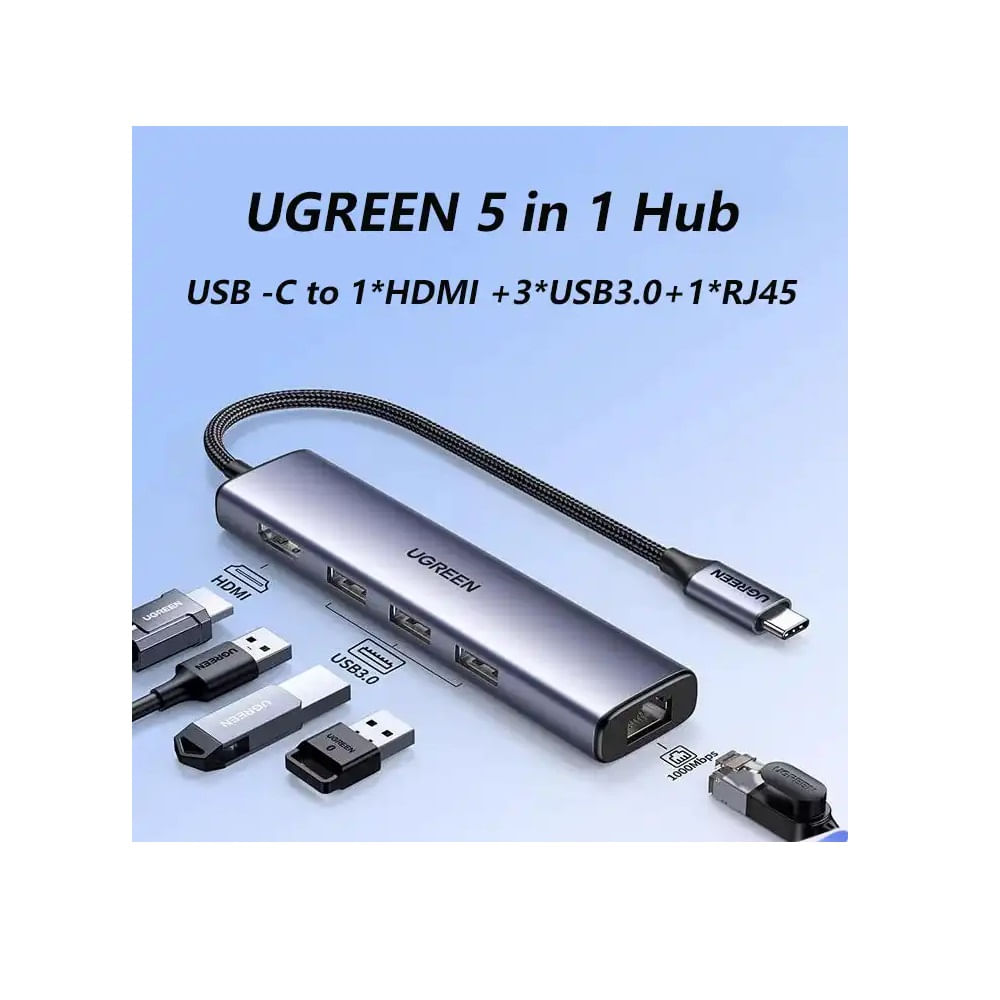 Adaptador UGREEN Hub USB-C 5 en 1, USB C, 3*USB 3.0 5Gbps, HDMI y RJ45 ... Adaptador UGREEN Hub USB-C 5 en 1, USB C, 3*USB 3.0 5Gbps, HDMI y RJ45 ...