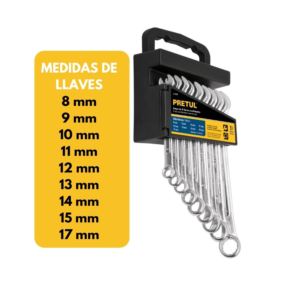 Juego de llaves mixtas combinadas 9 piezas, Pretul - Promart