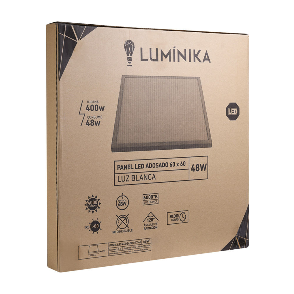Panel LED Luminika 60x60cm 48W Luz Fría Adosado de Aluminio/Acrílico ...
