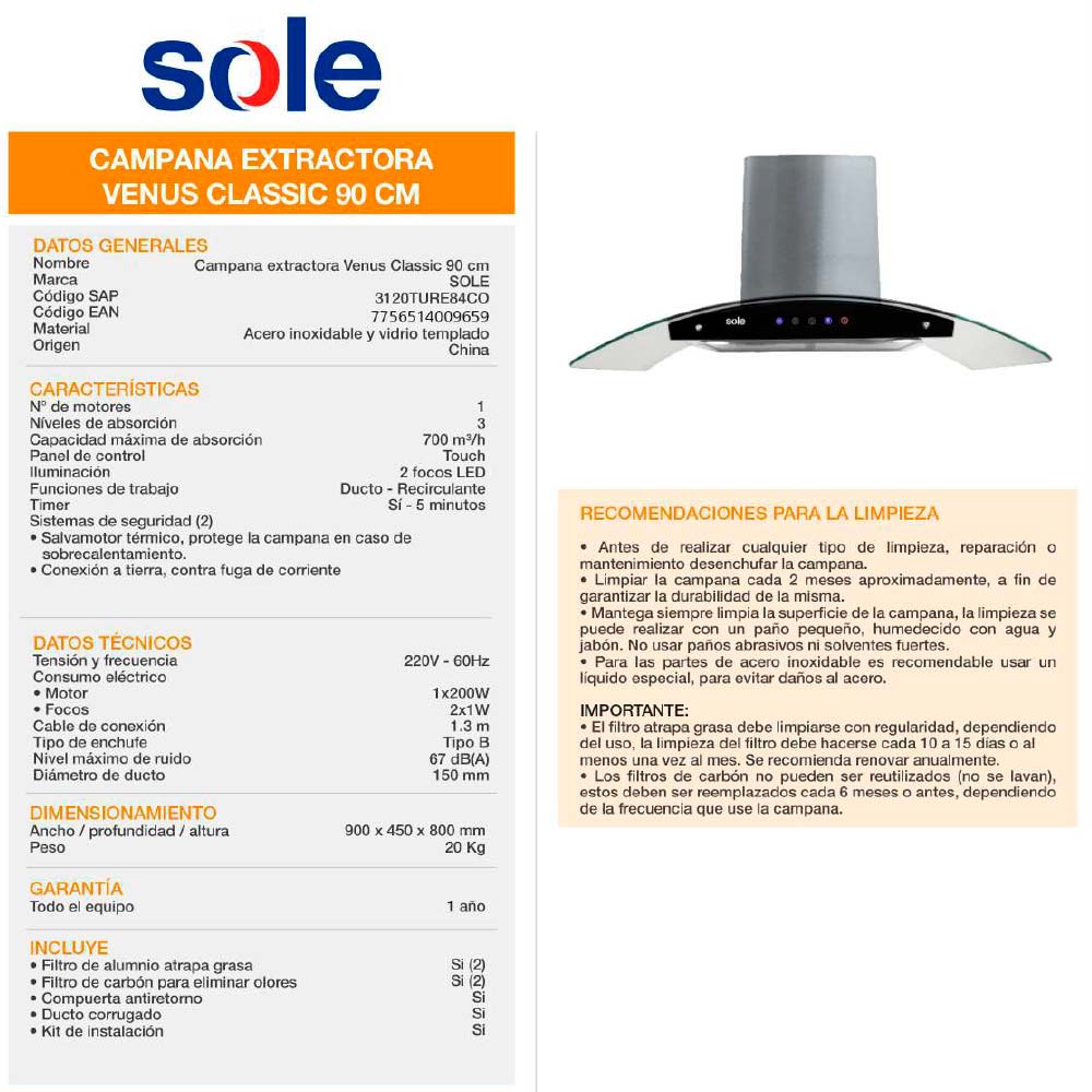 Campana deco Venus Classic Sole 90cm - Promart