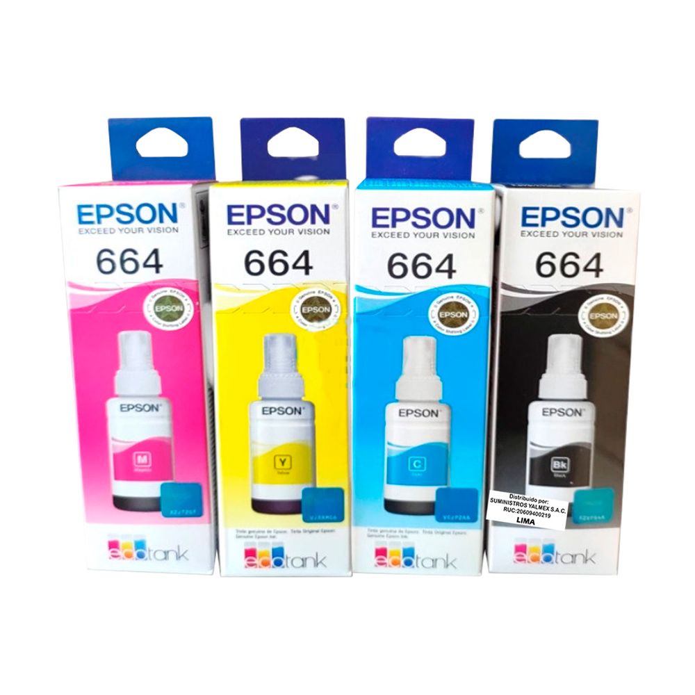 Kit de 4 Tintas Epson T664 Negro Cyan Magenta Yellow 70ml Original | Promart.pe - Promart