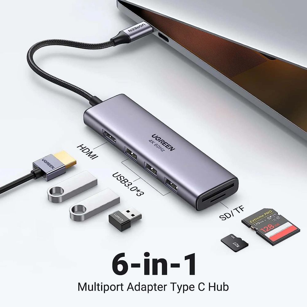 Hub Ugreen Usb-C 6 In 1 Hdmi/Sd/Tf 3Xusb 3.0 4K@60Hz Cm511-Grey - Promart