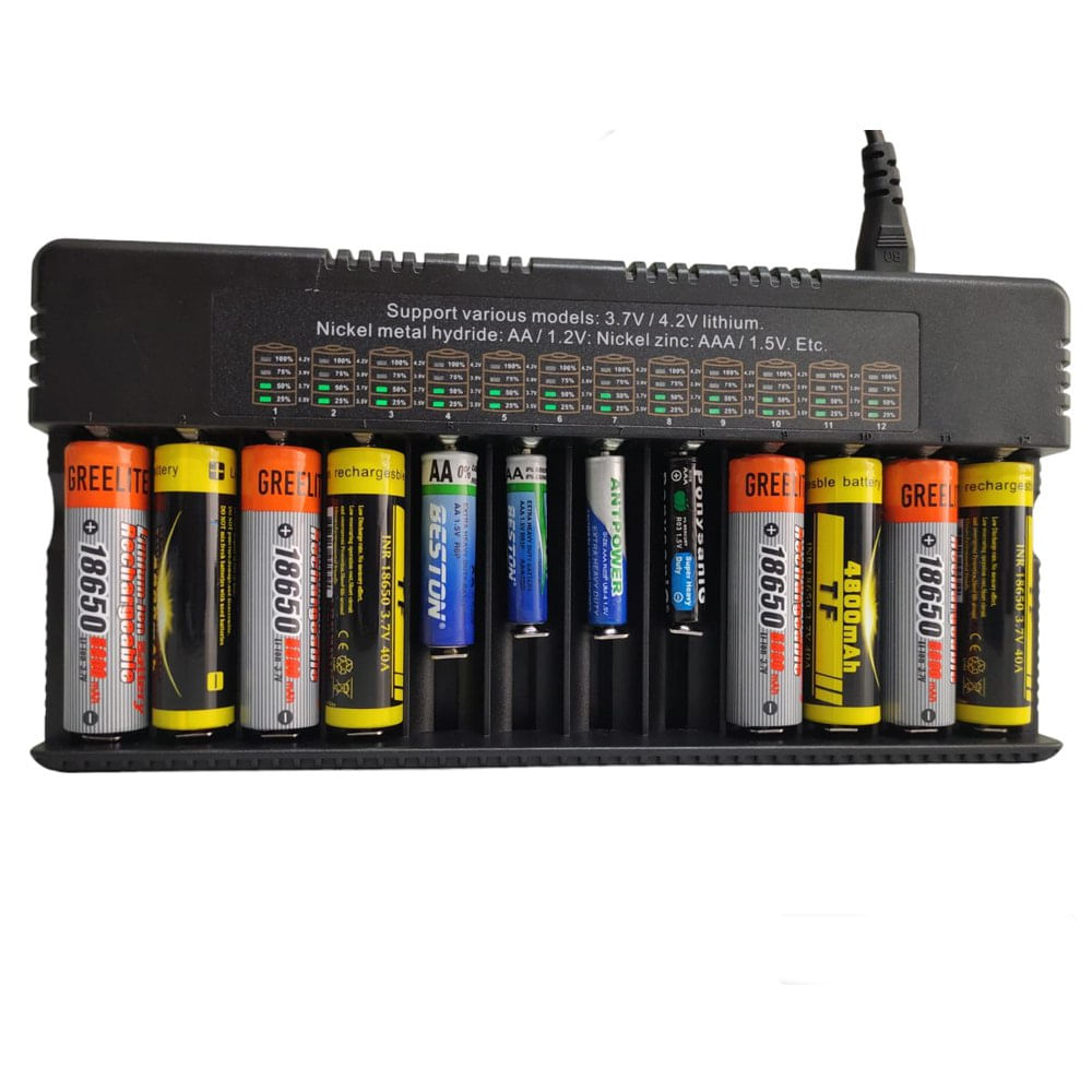 Cargador de Pilas Baterías Recargables 12 Puestos AA AAA 18650 26650 ...