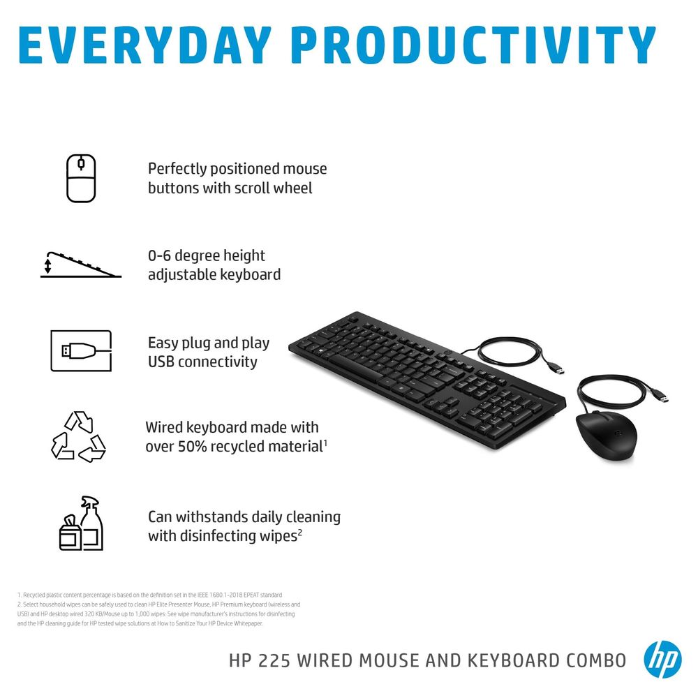 Kit HP 225 Teclado y Mouse Alámbricos Combo Wired Negro - 286J4AA ...