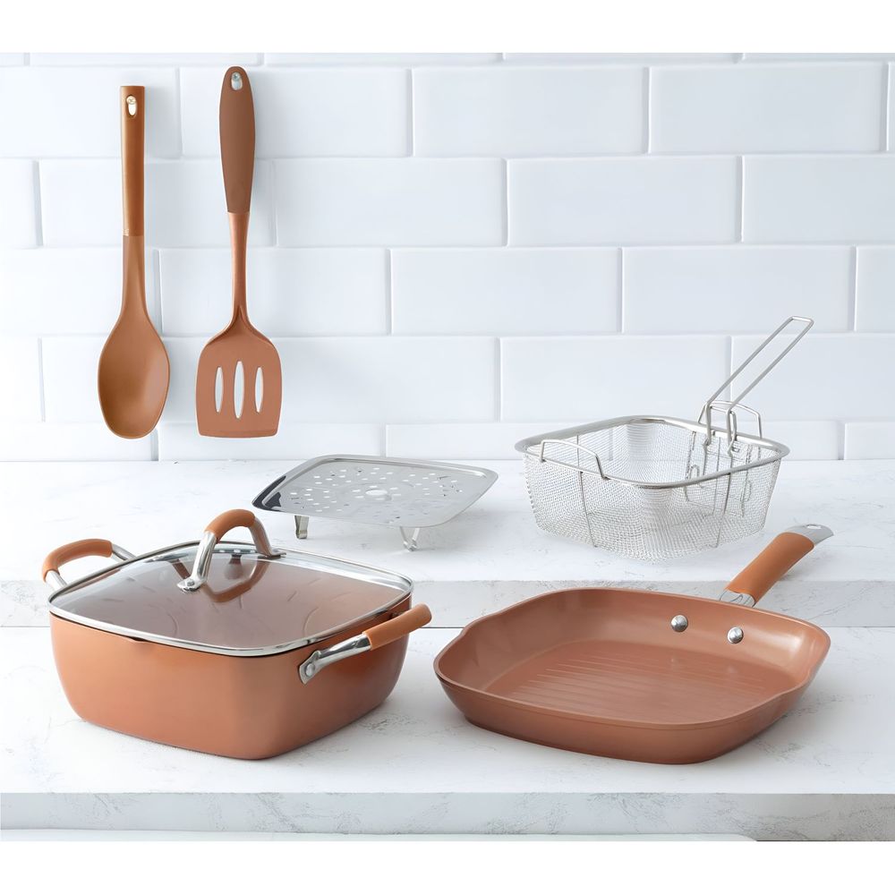 Set de olla y sarten Copper cobre 7 piezas + Set de 18 Platos BEHOME ...