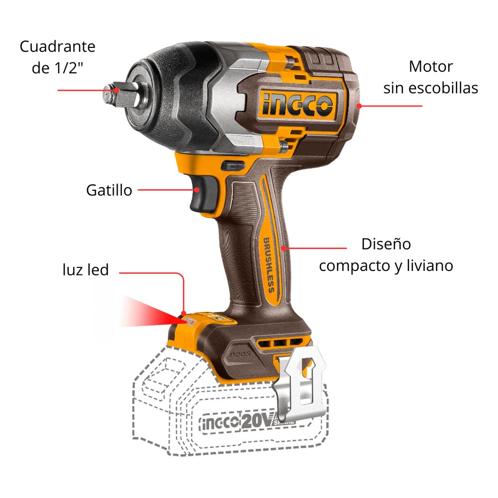 Llave de Impacto 850nm + Batería 4ah y Cargador Ingco CIWLI20851 ...