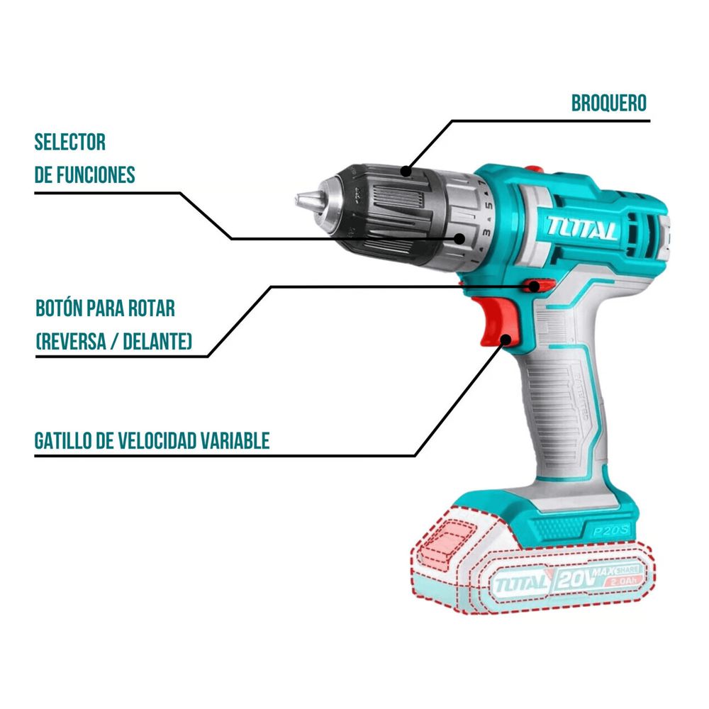 Taladro Atornillador Inalámbrico 20v + Batería y Accesorios Total ...