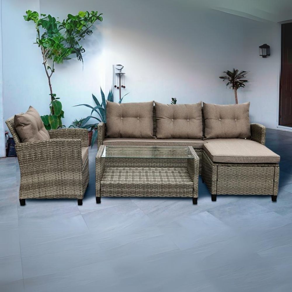 Set de Terraza Orange Mora: Sofá Esquinero + Butaca + Mesa Acero/Ratán ...