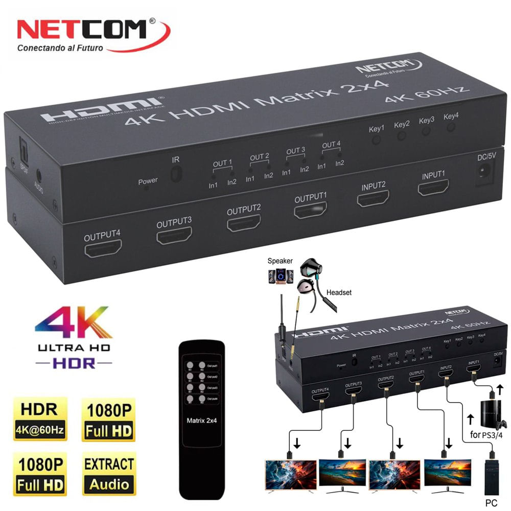 Matrix HDMI 2x4 Puertos Version 2.0 4K 60Hz Splitter Switch HDMI HDR - Promart