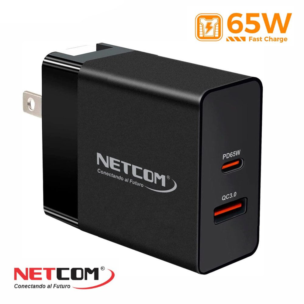 Cargador de Pared CARGA RAPIDA PD65W QC3.0 Usb 3.0 Tipo C NETCOM - Promart