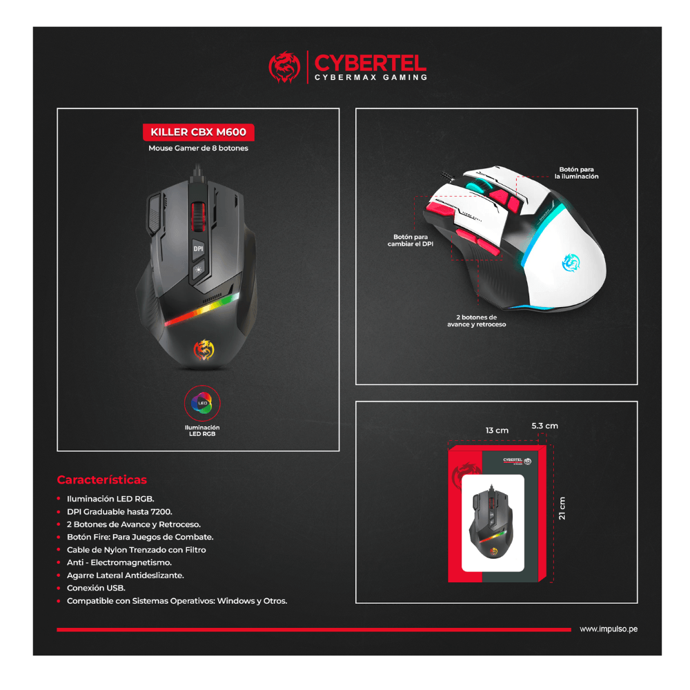 Mouse Gamer Killer Cbx M600 Usb Rgb 8b 7200dpi Cybertel Promart