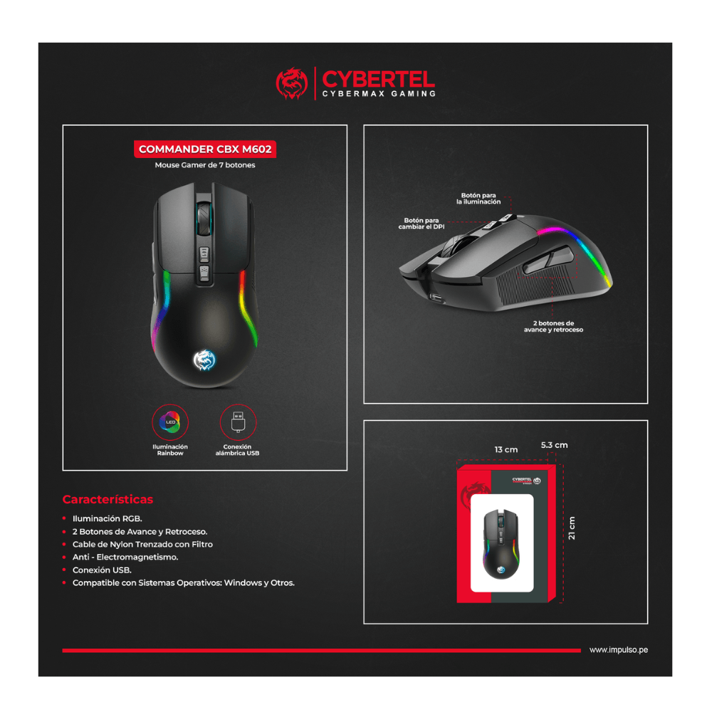 Mouse Gamer Commander Cbx M602 Usb Rgb 7b 7200dpi Cybertel - Promart