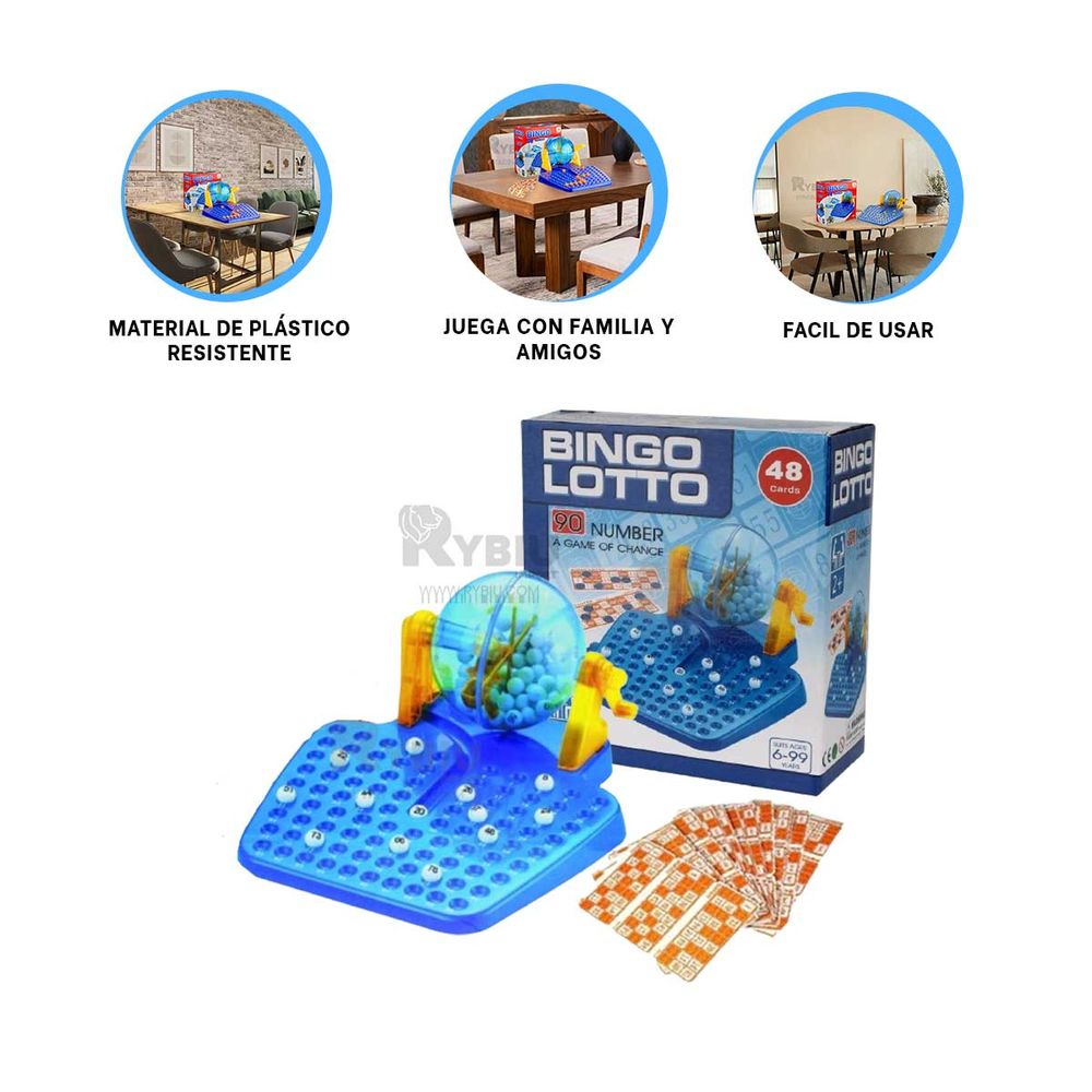 Bingo Familiar con 90 Numeros y 48 Cartas de Color Celeste - Promart